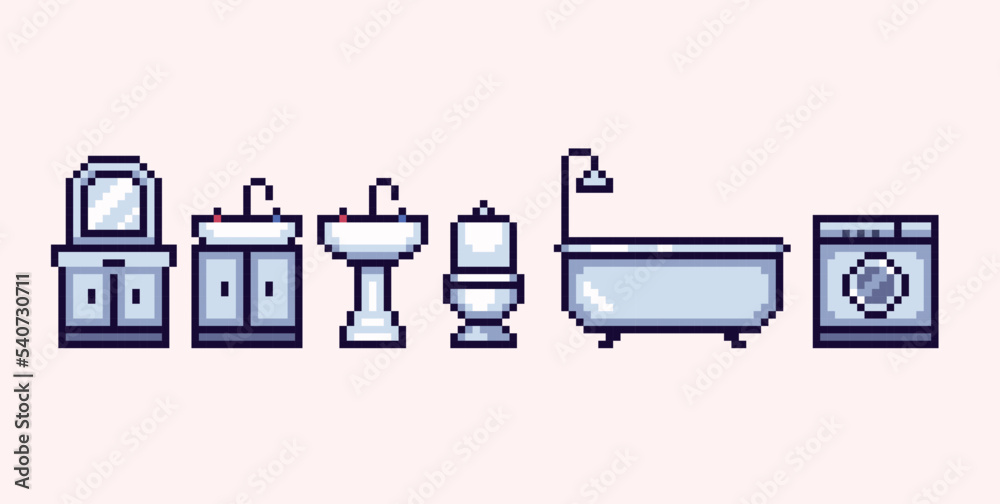 Стоковое векторное изображение «Bathroom interior pixel art set. Sink ...