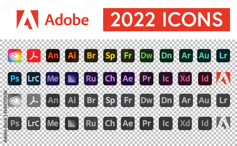 Adobe logotype icon set. Logo typeset collection. All Adobe programs ...