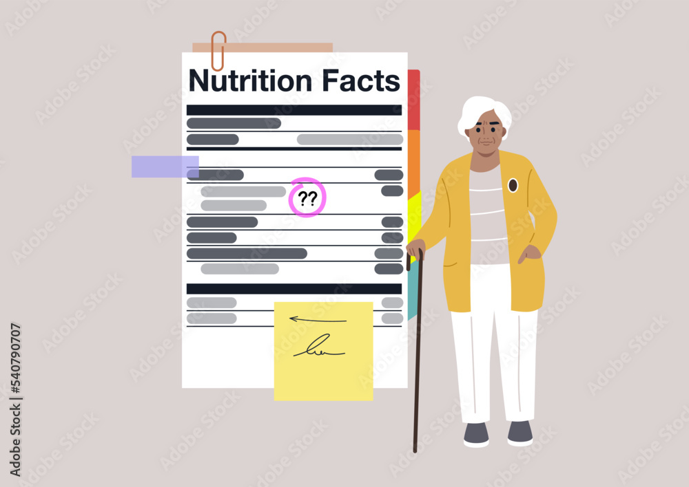Nutrition facts label explained with notes and bookmarks, a senior ...