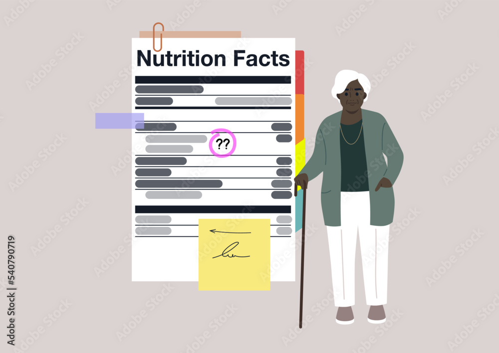 Nutrition facts label explained with notes and bookmarks, a senior ...