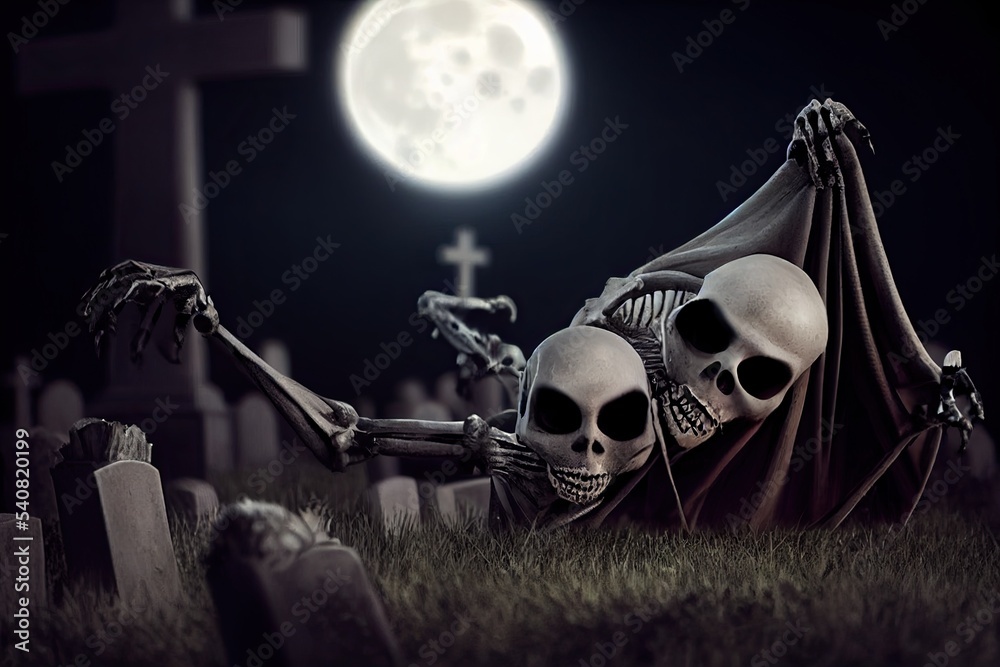 Zombie skeletons in a cemetery field of the dark forest lit by ...