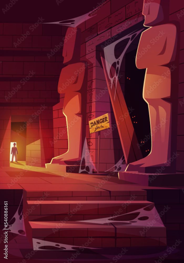 Abandoned Egypt temple or pyramid interior with statues, spider webs ...