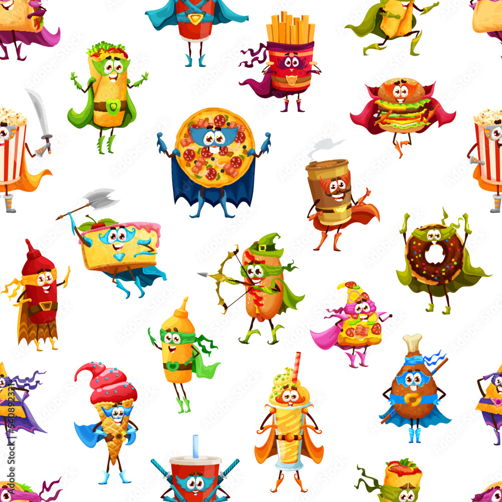 Cartoon fast food superhero and defender personages seamless pattern ...