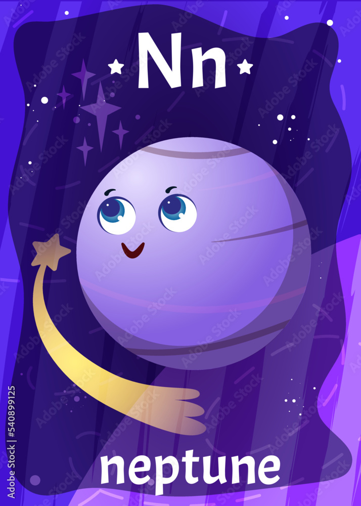 Printable space alphabet flashcard with letter N. Cartoon cute neptune ...