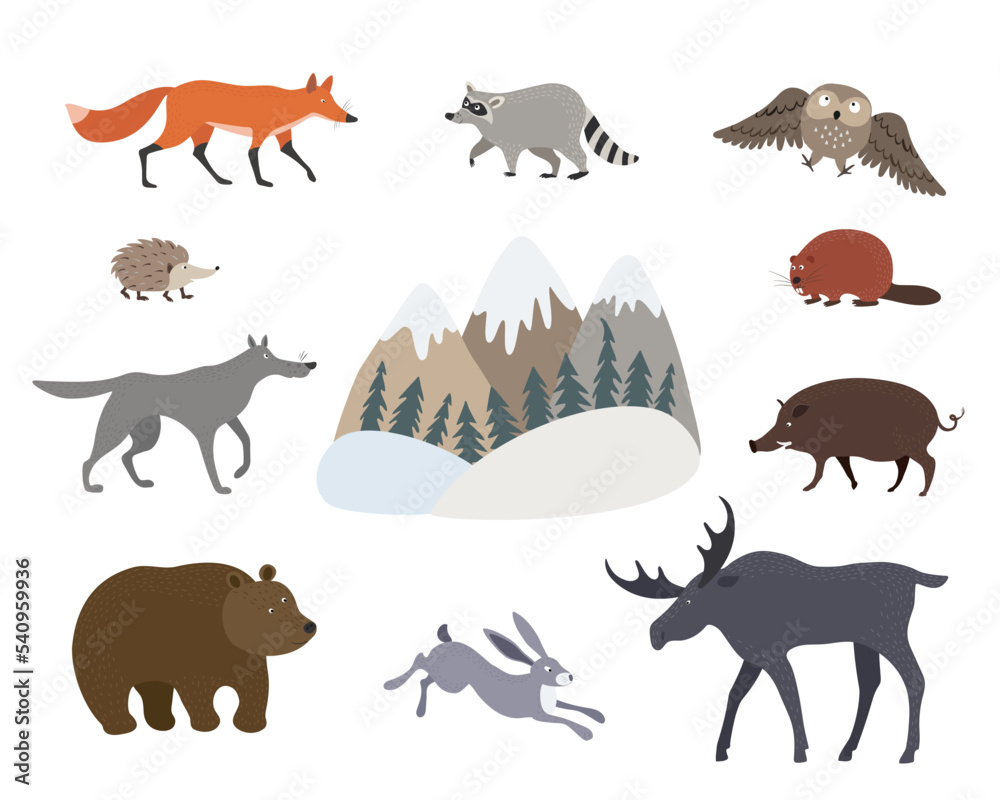 Vector set with forest animals in hand drawn style. Moose, hare, boar ...