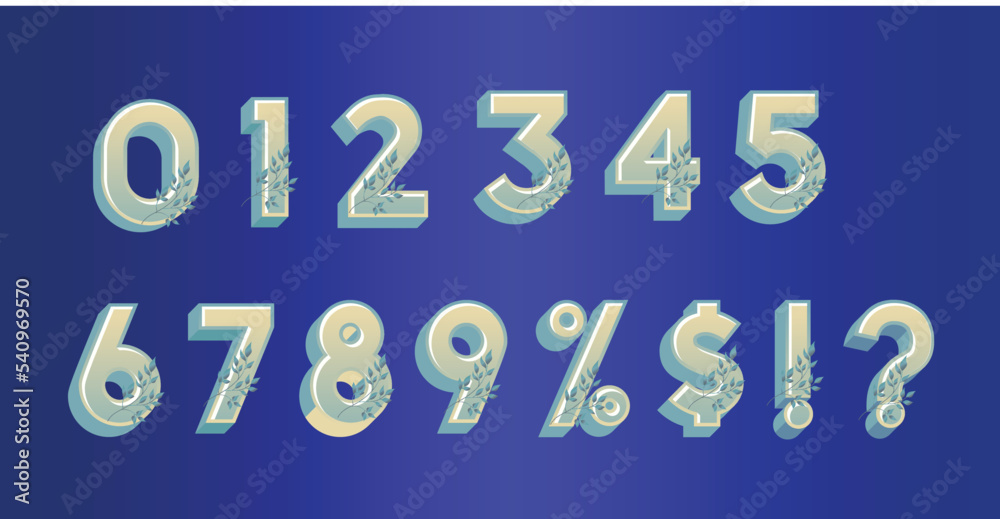 Leaf Metallic Numbers, Numerals Font, Punctuation Mark Stock Vector ...