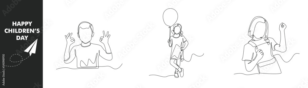 Single one line drawing children day concept set. Happy boy and girl in ...