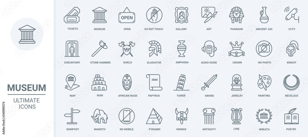 Museum thin line icons set vector illustration. Outline art gallery ...
