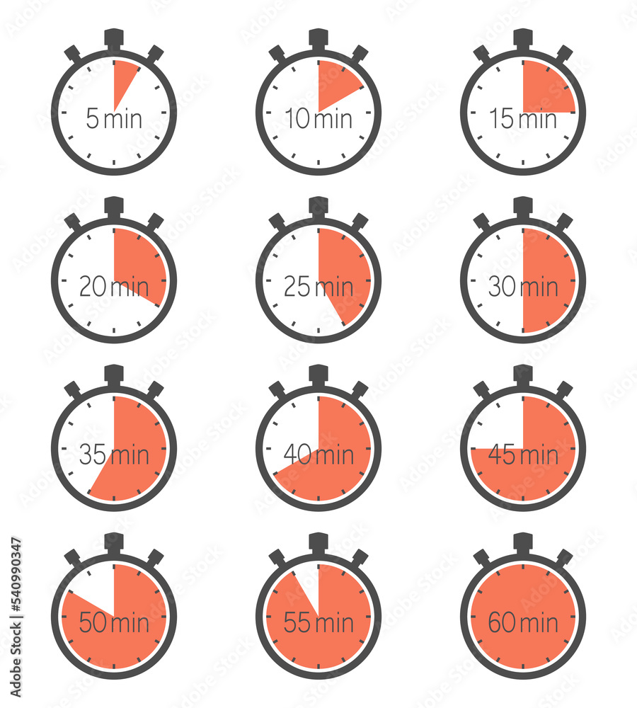 Stopwatches graphic icons set. Countdown symbols collection from 5 to ...