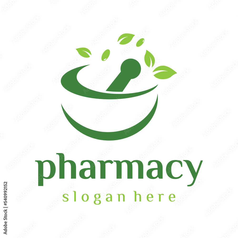 Pharmacy logo template design with bowl and pounded herbal medicine ...