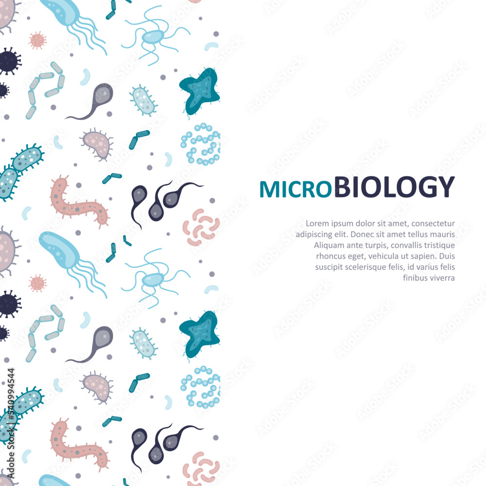 Banner with various bacterial. Microbiology, printable card with ...