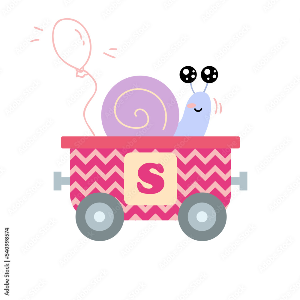 Alphabet train carriage with snail and letter s. Vector illustration of ...