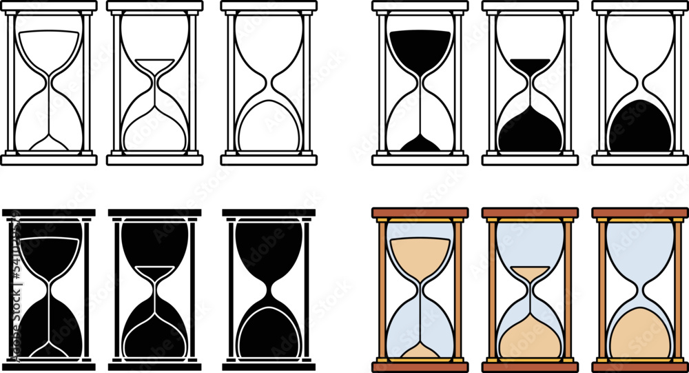 Hourglass Sand Timer with Frame Clipart Set - Outline, Silhouette ...