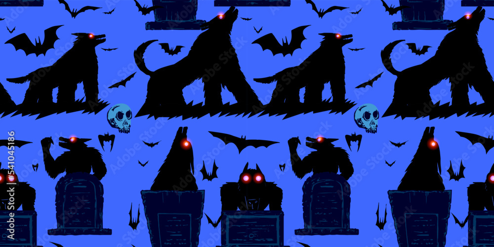 Seamless pattern with a werewolf in a graveyard and bats. Halloween ...
