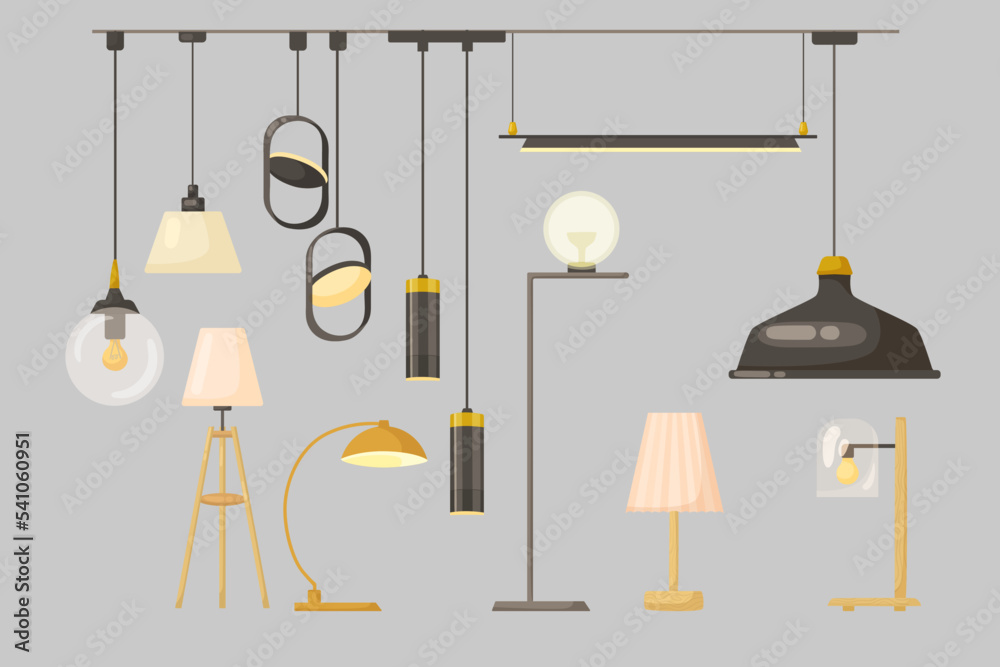 Pendant lamps and light fixtures and cartoon illustration set. Various ...