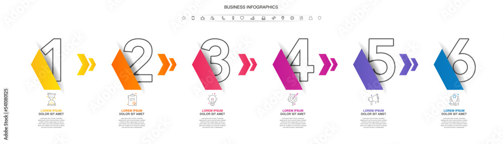 Vector timeline infographics with six steps, icons, flowchart, workflow ...
