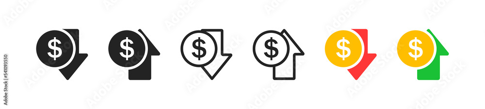 Money increase icon set. Flat design. Financial benefit concept. Losing ...