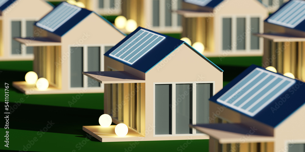Solar panels. Cottage village. Houses with solar panels on roof ...