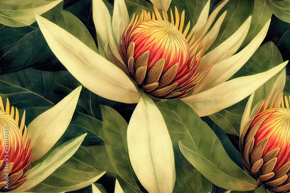 Seamless tropical protea flowers and Ficus Elastica pattern with golden ...