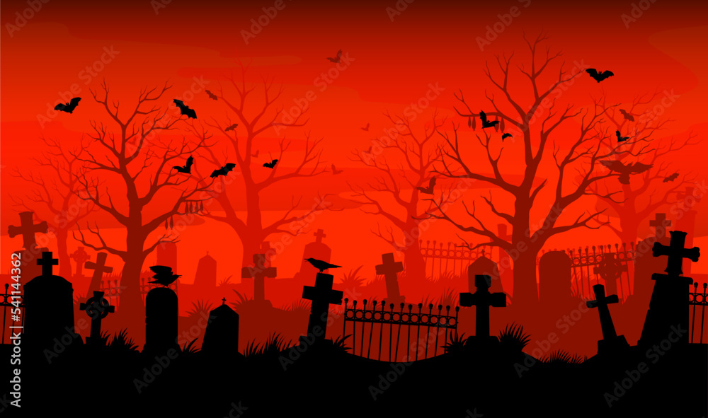 Old cemetery silhouette. Abandoned graveyard. Nightmare tombstone scary wallpaper, Halloween ...