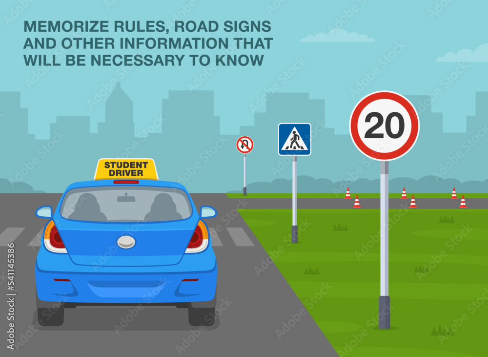 Car driving practice. Memorize rules, road signs and other informations ...