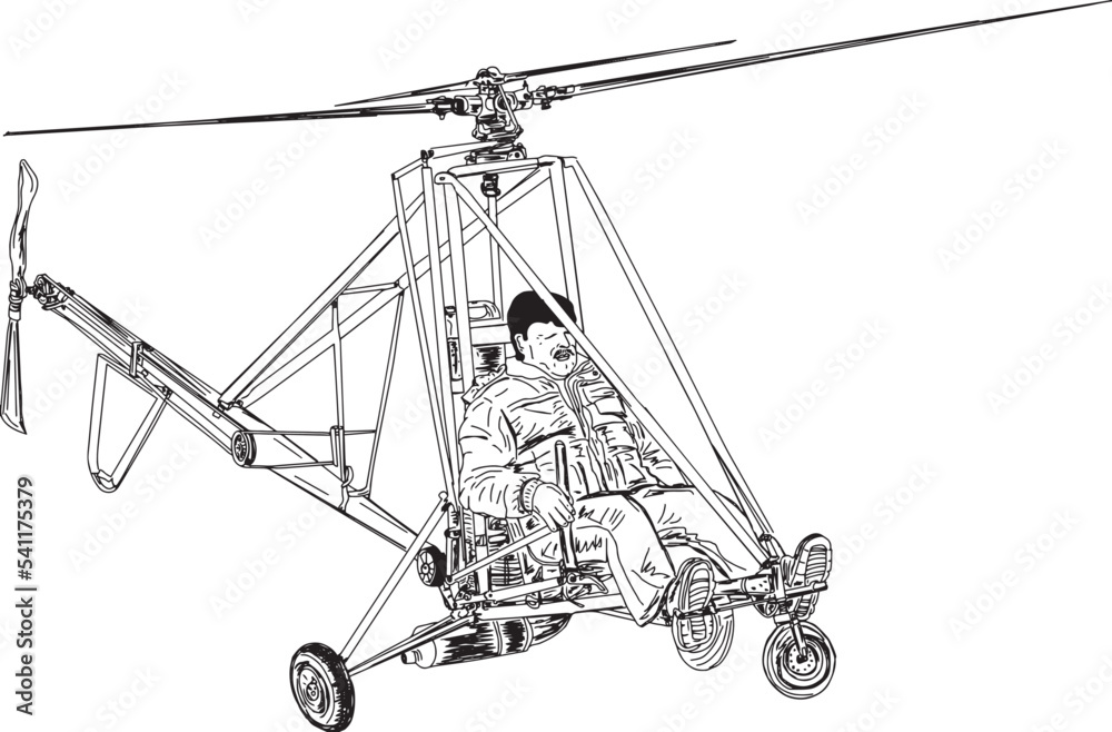 Man flying home-built helicopter outline vector illustration, sketch ...