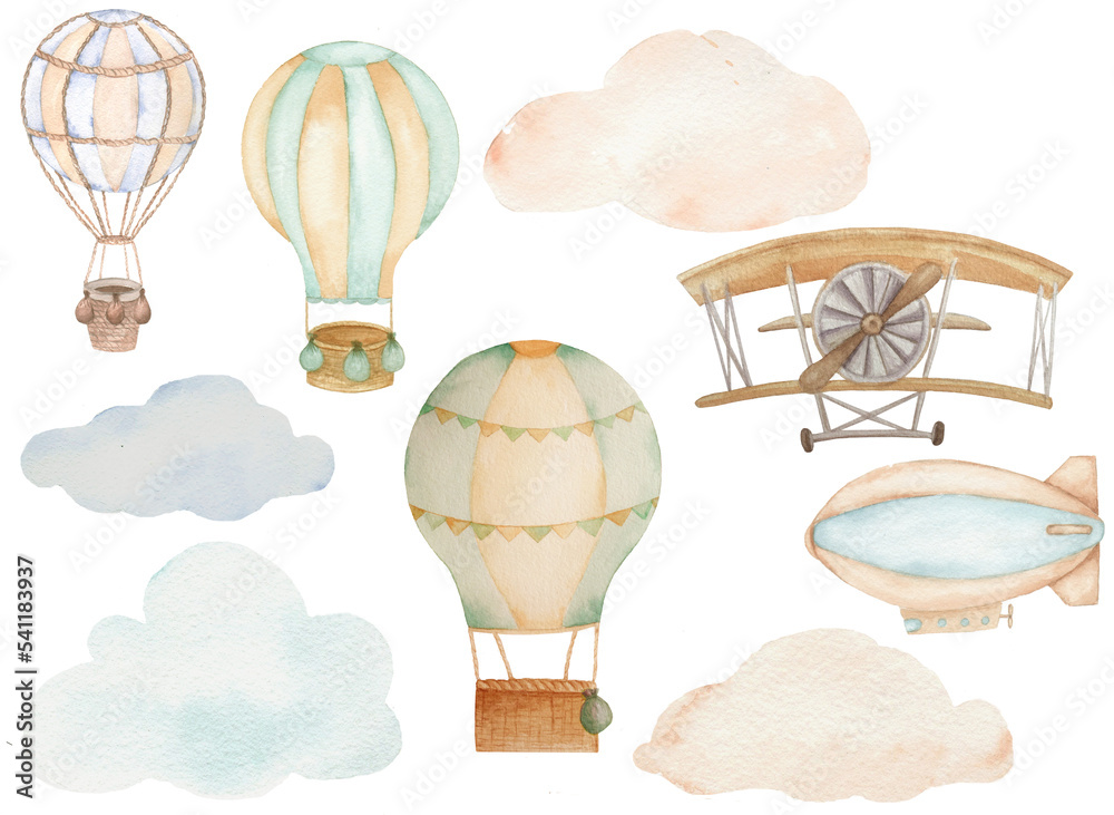 Watercolor set of air transport and clouds, airplane, hot air balloon ...