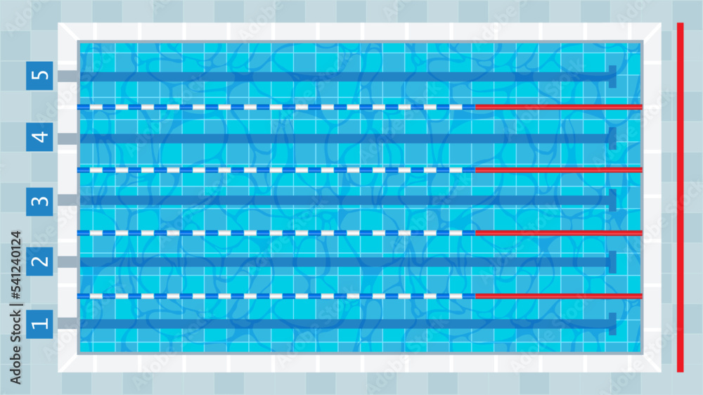 Swimming pool. Sport competition swim deep bath lanes top view, cartoon ...