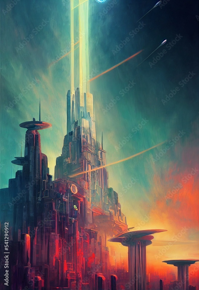 Illustration Stock Alien city of the future energy beam scifi tower ...