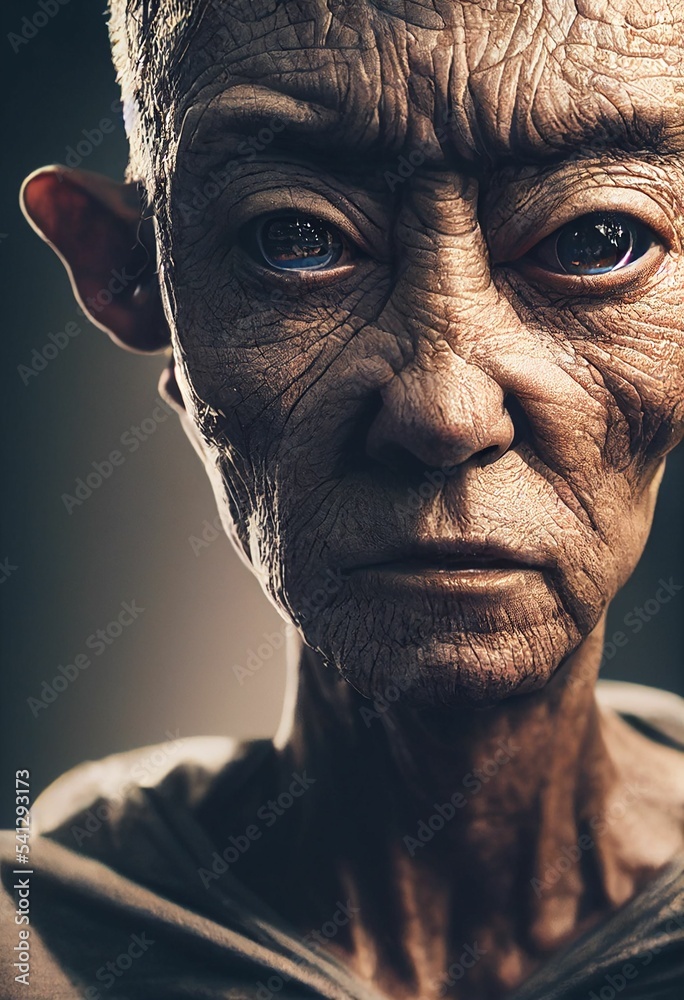 Ilustrace Vertical AI-generated image of a realistic scary alien face ...