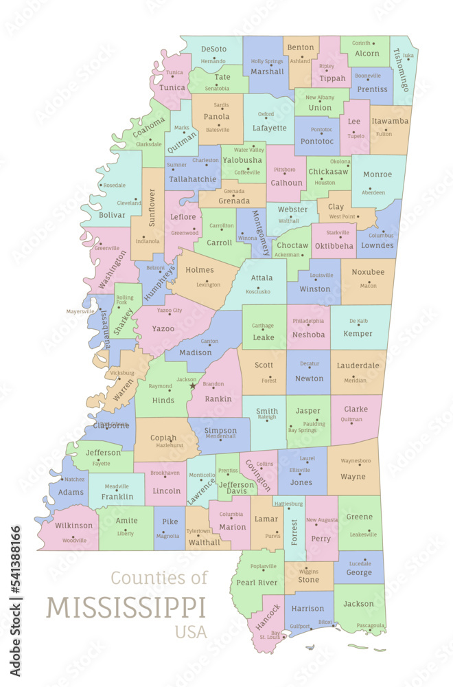 Counties of Mississippi, administrative map of USA federal state ...