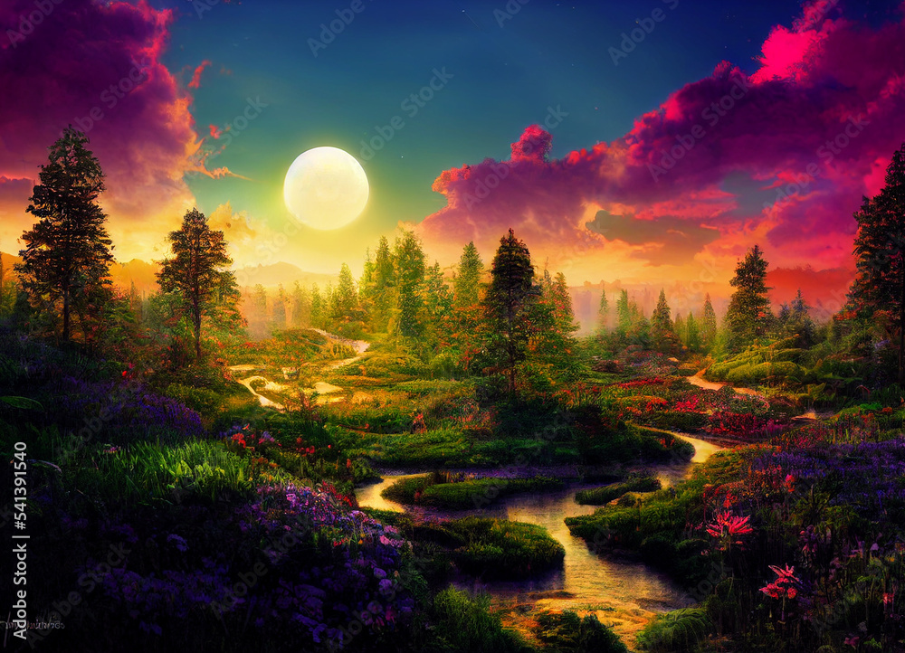 colorful sunset forest scenery with beautiful trees and plants, natural ...