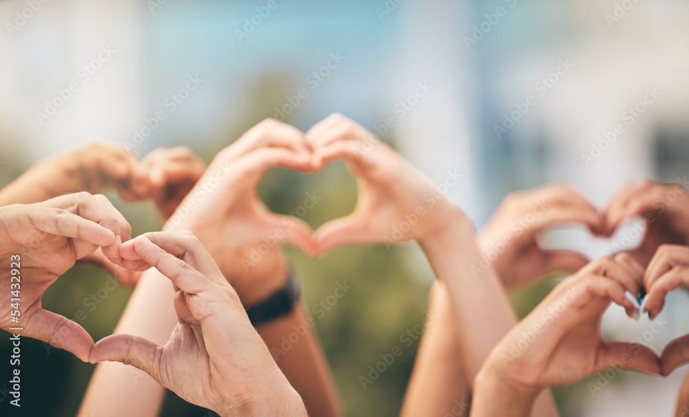 Stock-Foto „Crowd, hands and heart sign with group of people, community ...