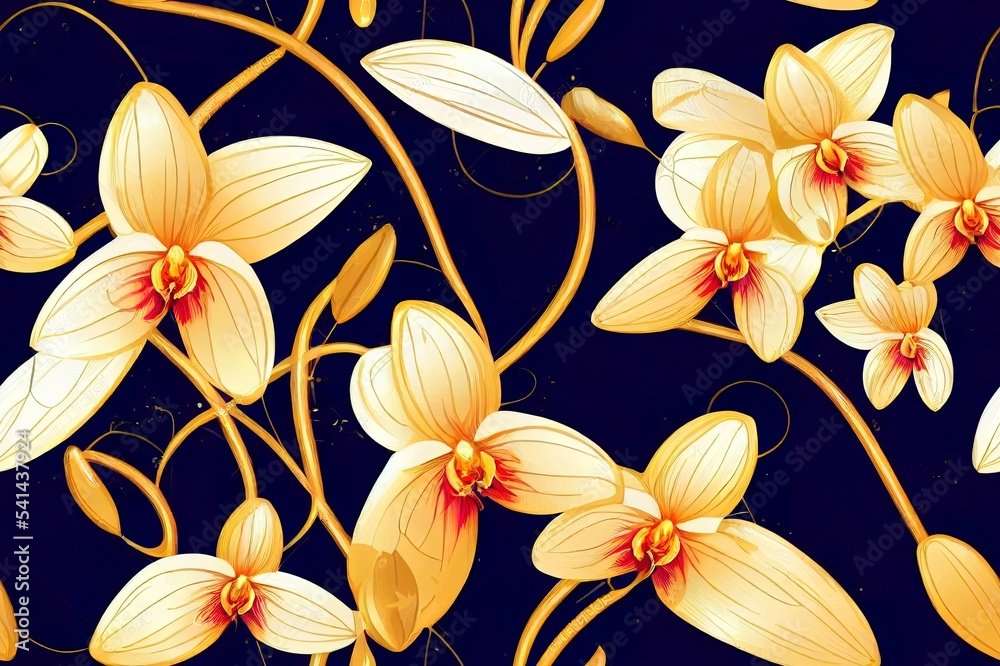 Luxury orchid seamless pattern background 2d illustrated. Golden orchid ...