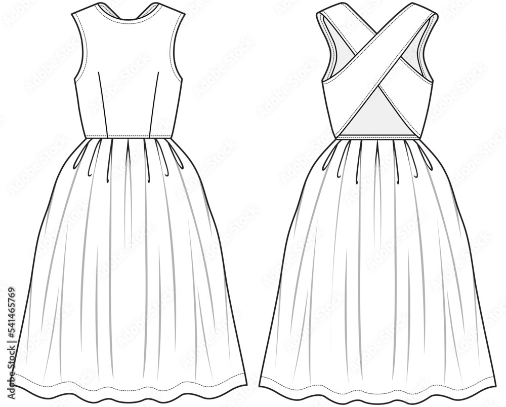 skater dress with cross back front and back view fashion flat sketch ...