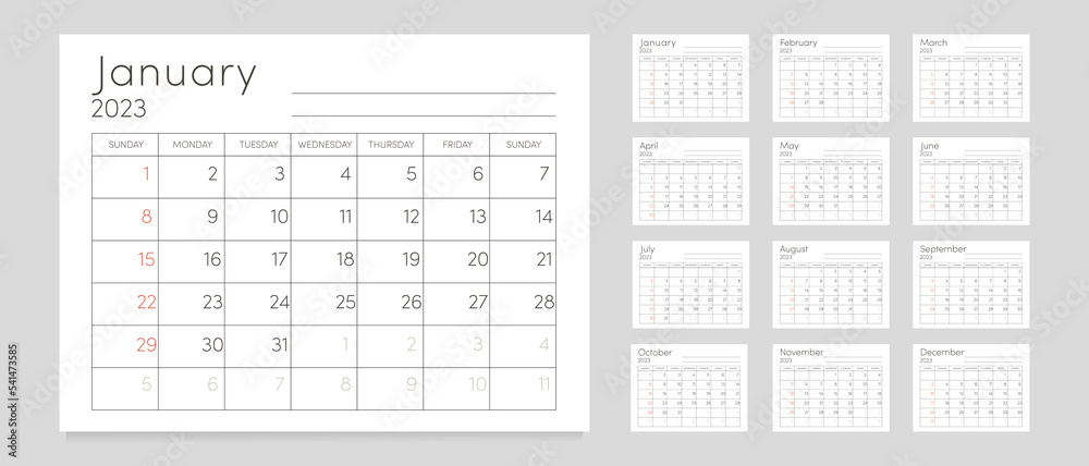 Classic monthly calendar for 2023. Minimalist calendar with space for ...