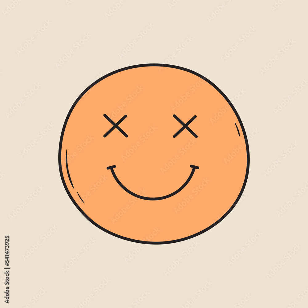 Cute vector emoji. Hand drawn smiling face with cross eyes. Cartoon ...