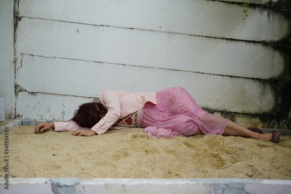 Dead woman lay down under bag covered death body from accident or ...