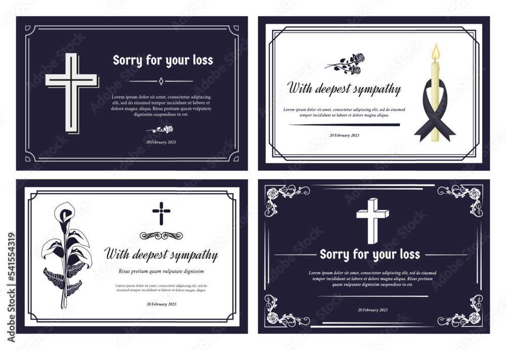 Funeral card layout. Condolence banner with deepest sympathy and sorry ...