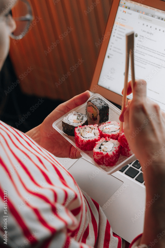 overhead view hipster woman enjoying Japanese dinner weekend eating ...