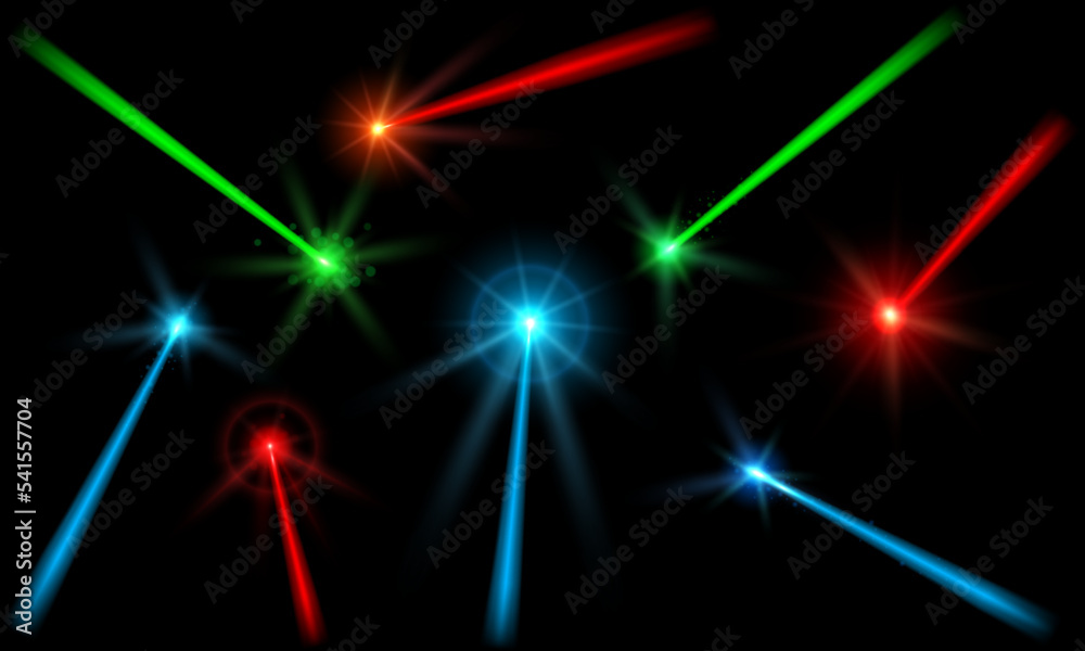 Laser beams. Ray of neon lights, concert light trails with lens flares ...