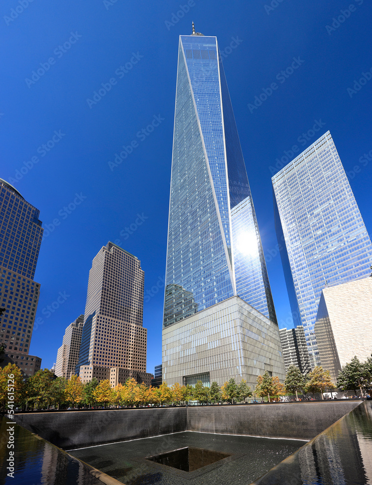 Freedom Tower and Memorial Fountain commemorating the September 11 attacks of 2001, located in ...