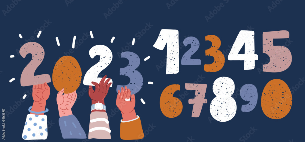 Cartoon vector illustration of hands holding up 2022 numbers. Numbers 1 ...