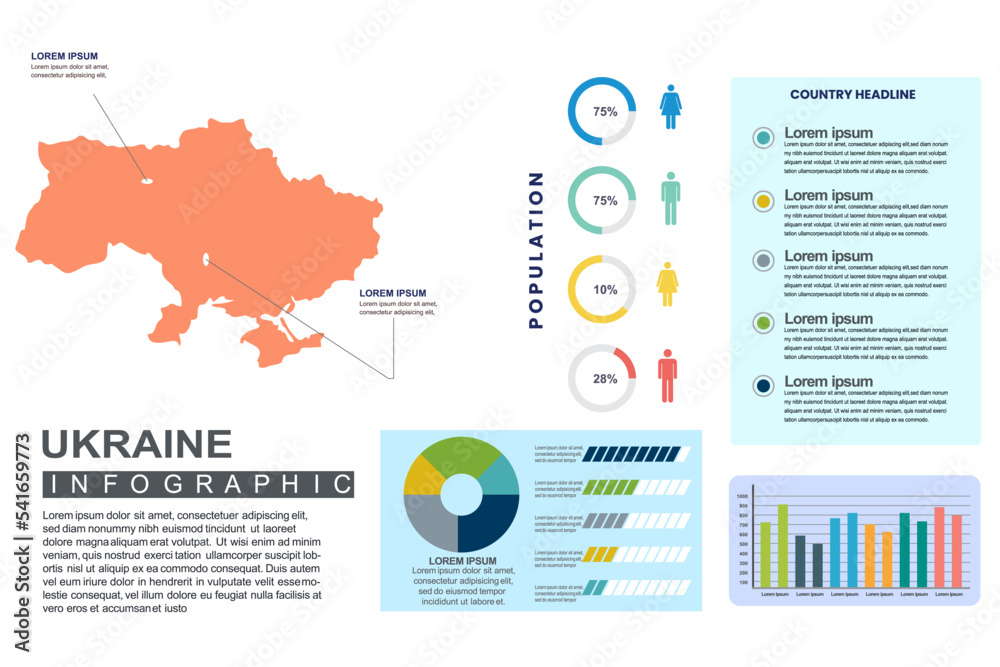 Ukraine detailed country infographic template with world population and ...