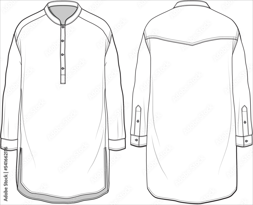 Mandarin Collar Kurta Front and Back View. Fashion Illustration, Vector ...