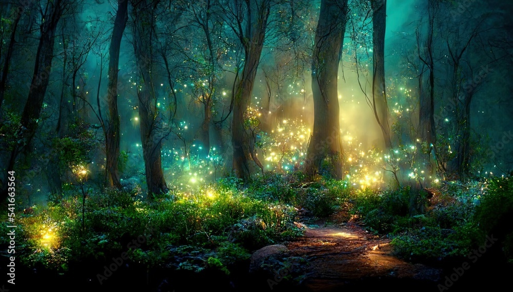 Magical fantasy fairy tale scenery, night in a forest Stock Illustration | Adobe Stock
