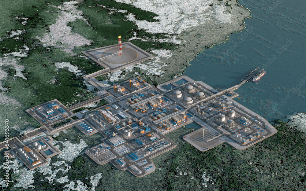 LNG plant with berth, gas carrier on a fictional location map. 3d ...