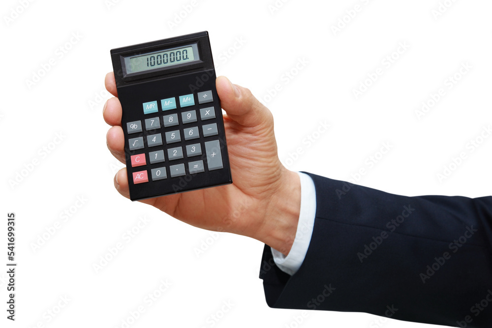 Gesture series: man holding calculator Stock Photo | Adobe Stock