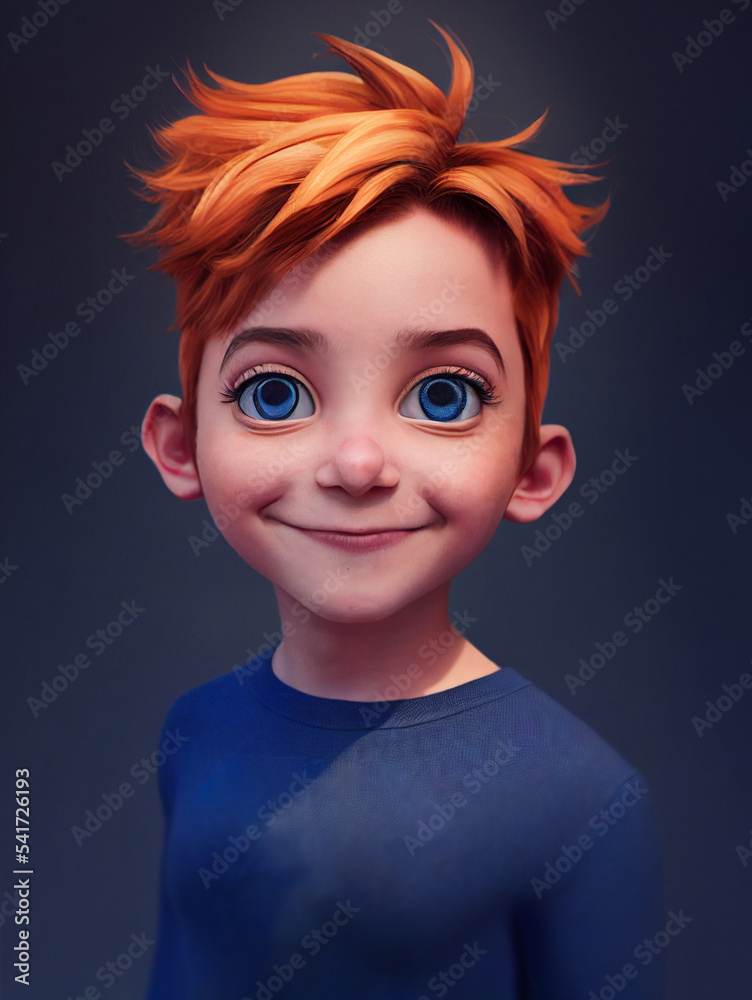 generic smiling red head and blue eyed boy cartoon portrait, digital ...