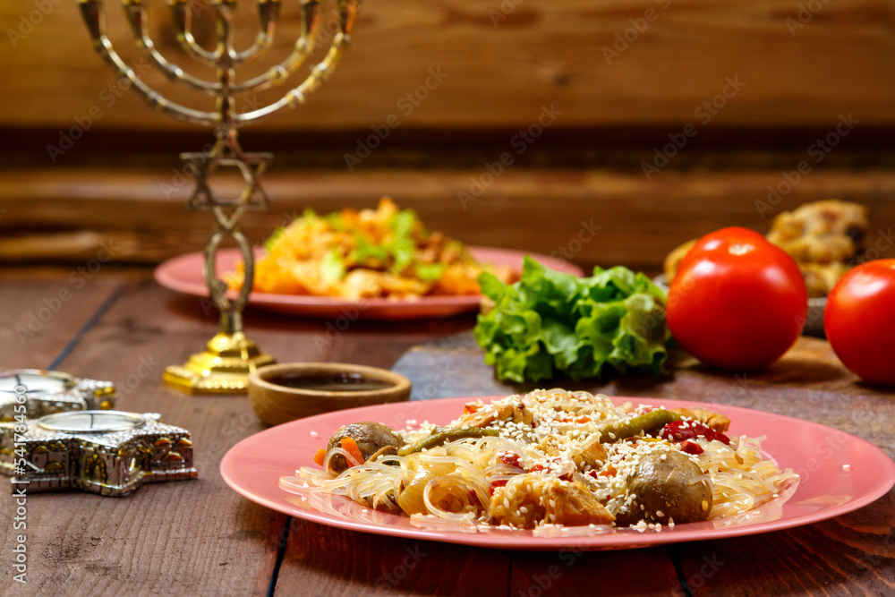 Set table for Shabbat family meal with traditional food, fruits ...